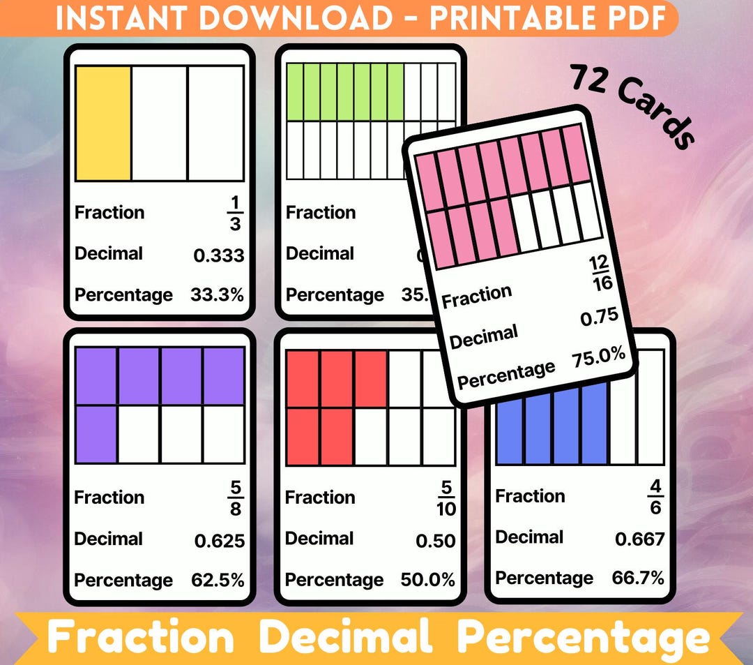 Fraction Flash Card Printable Decimal Flashcard Percentage Homeschool ...
