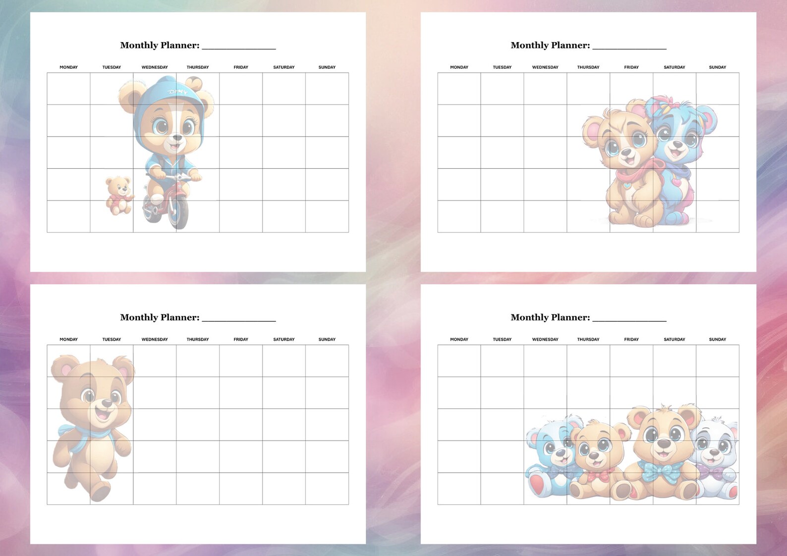 Monthly Calendar Undated Printable Blank Monthly Planner Teddy Fillable ...