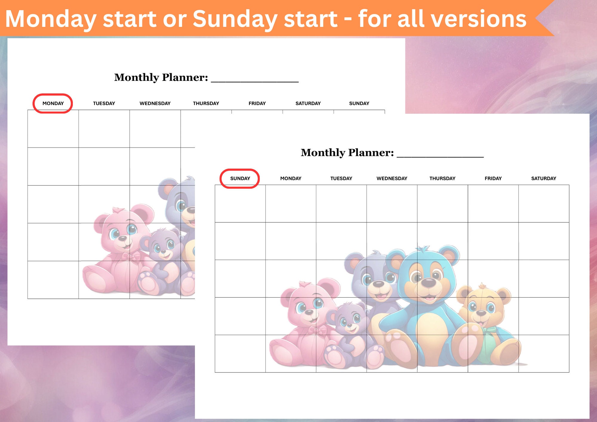 Monthly Calendar Undated Printable Blank Monthly Planner Teddy Fillable ...
