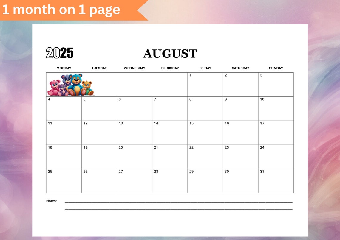2025 Monthly Calendar Printable Teddy Monthly Planner 2025 Fillable ...