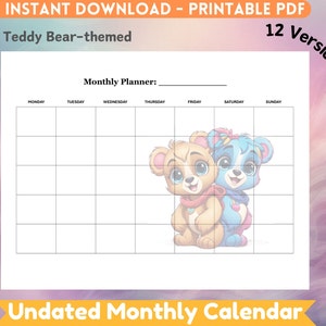 Monthly Calendar Undated Printable Blank Monthly Planner Teddy Fillable ...