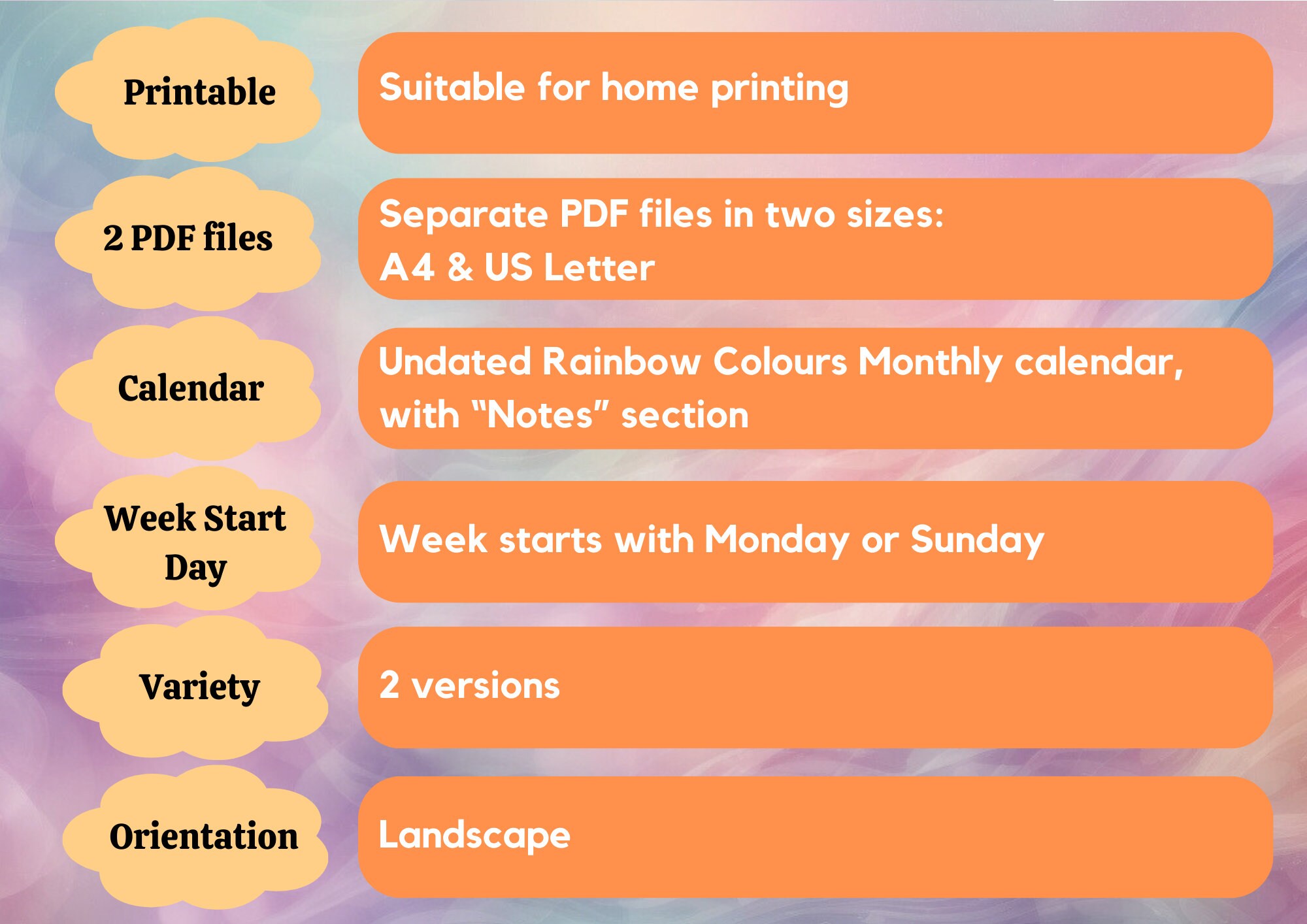 Undated Monthly Calendar Printable Blank Rainbow Monthly Planner ...