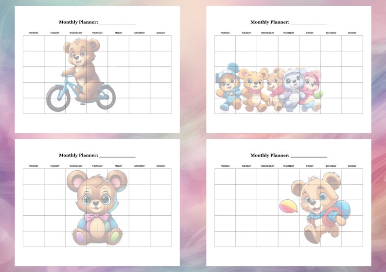 Monthly Calendar Undated Printable Blank Monthly Planner Teddy Fillable ...