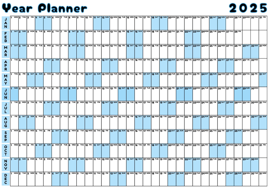 Giant 2025 Annual Wall Planner Printable 2025 Full Year Wall Calendar ...