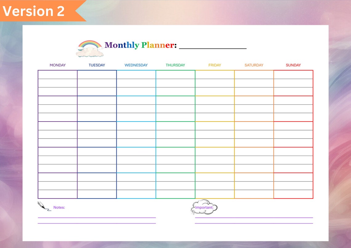 Undated Monthly Calendar Printable Blank Rainbow Monthly Planner ...