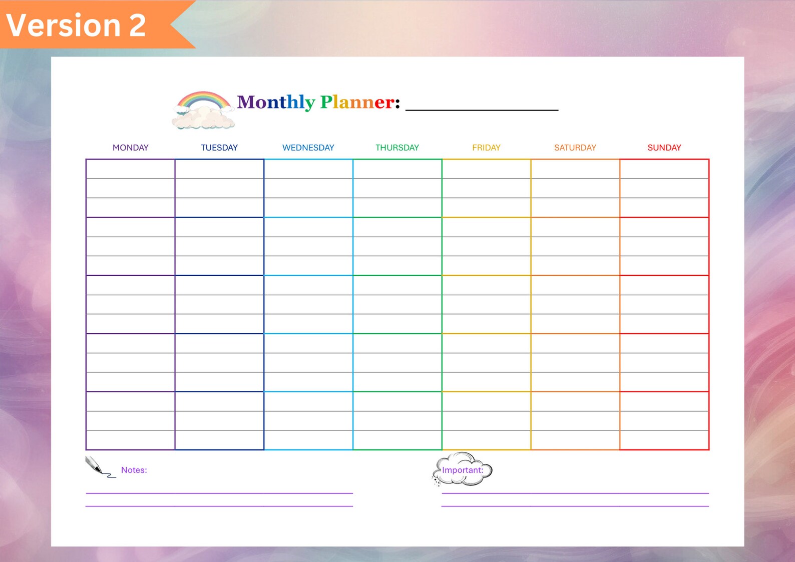 Undated Monthly Calendar Printable Blank Rainbow Monthly Planner ...