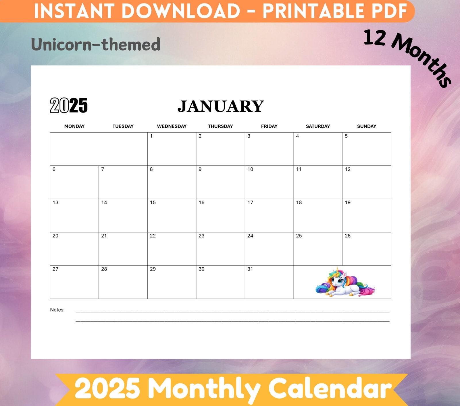 2025 Monthly Calendar Printable Children Unicorn Monthly Planner 2025 ...