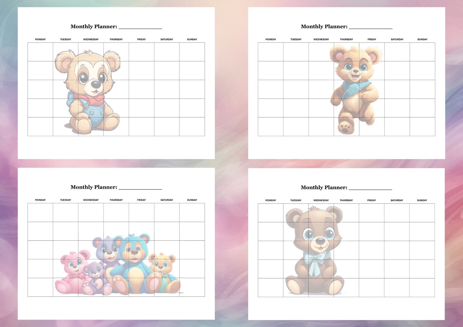 Monthly Calendar Undated Printable Blank Monthly Planner Teddy Fillable ...