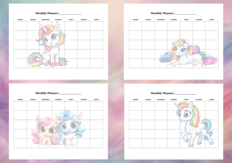 Blank Monthly Calendar Printable Undated Monthly Planner Unicorn ...