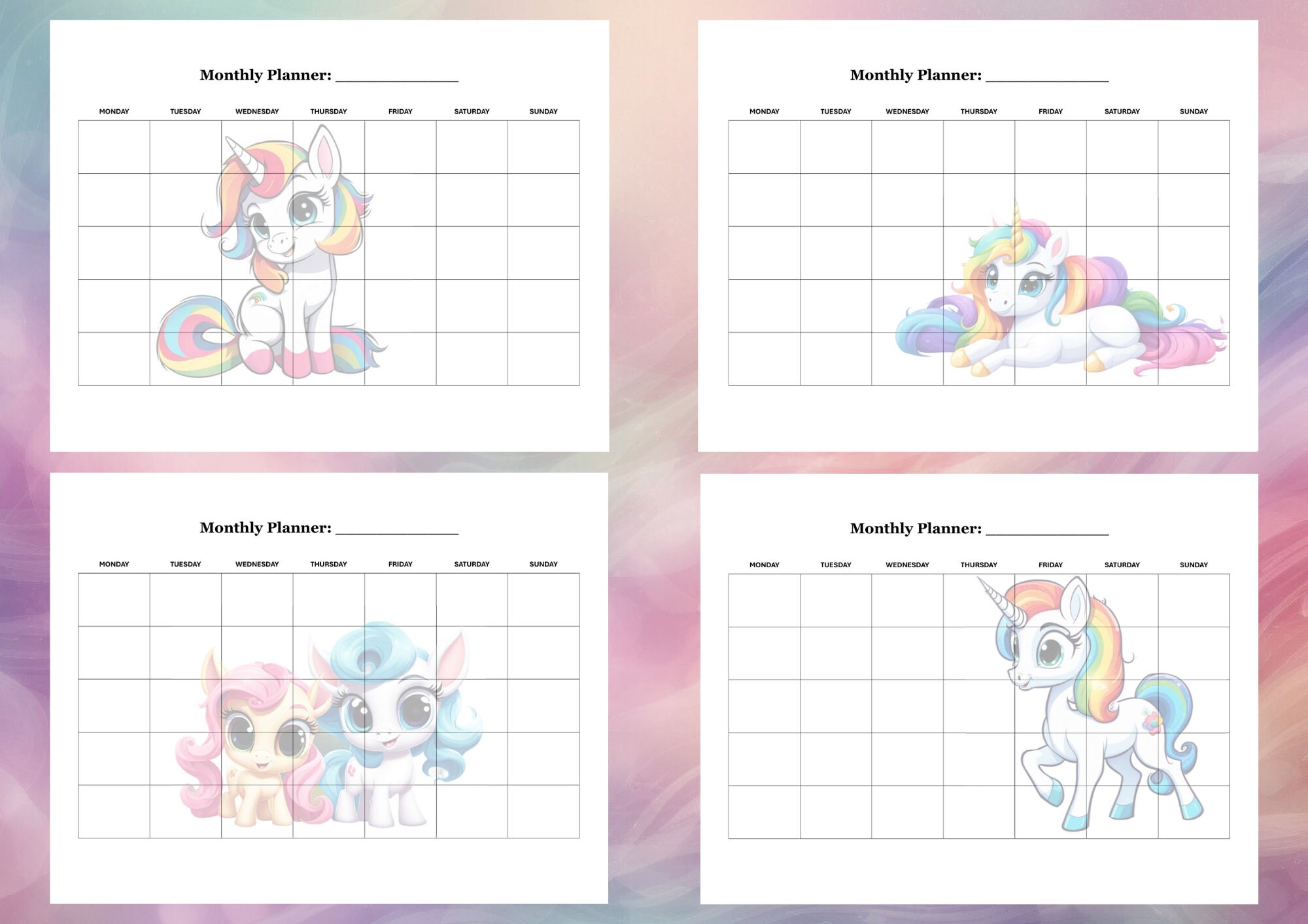 Blank Monthly Calendar Printable Undated Monthly Planner Unicorn ...