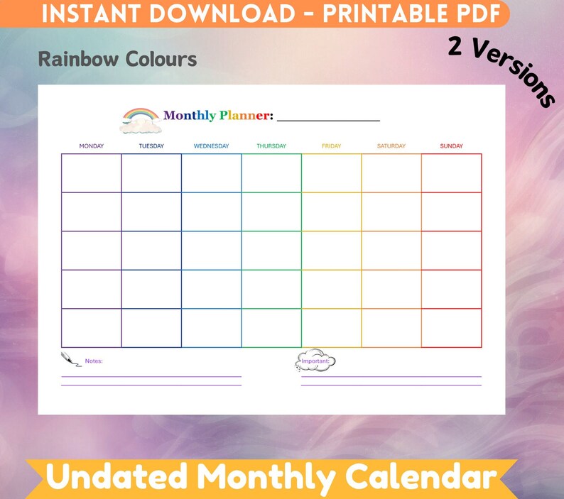 Undated Monthly Calendar Printable Blank Rainbow Monthly Planner ...