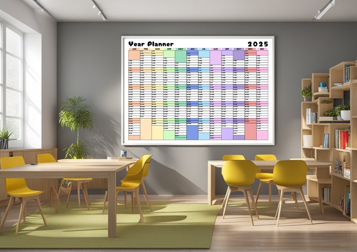 Large 2025 Wall Planner Printable 2025 Full Year Wall Calendar Rainbow ...