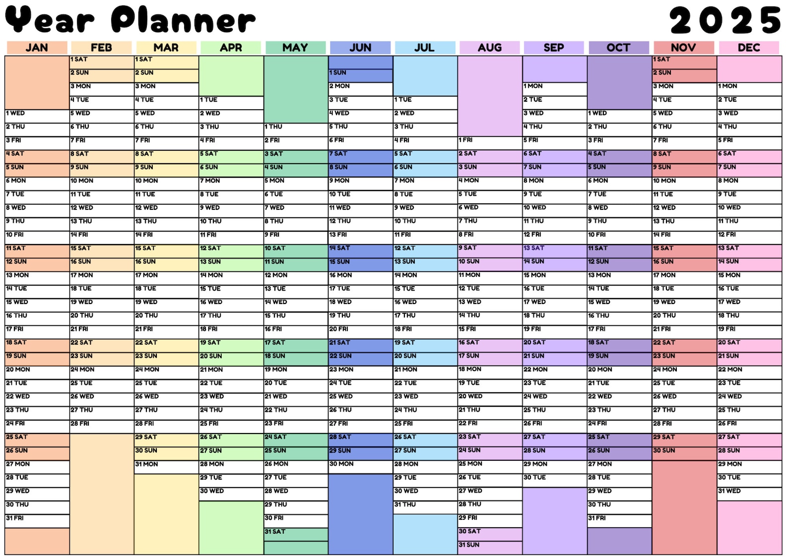 Large 2025 Wall Planner Printable 2025 Full Year Wall Calendar Rainbow ...