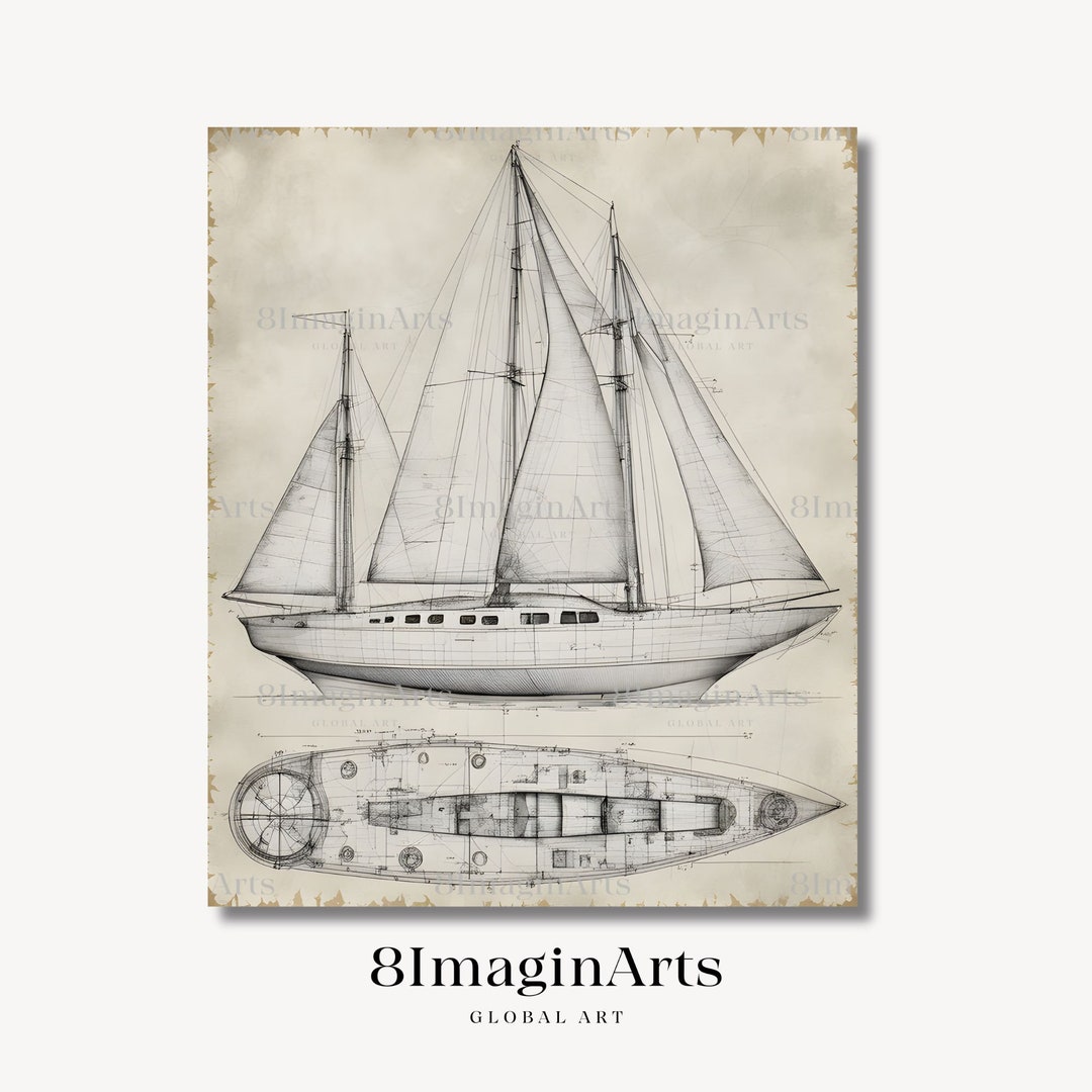 Detailed Plan Print of a Sailboat in Multiple Dimensions, Vintage. - Etsy