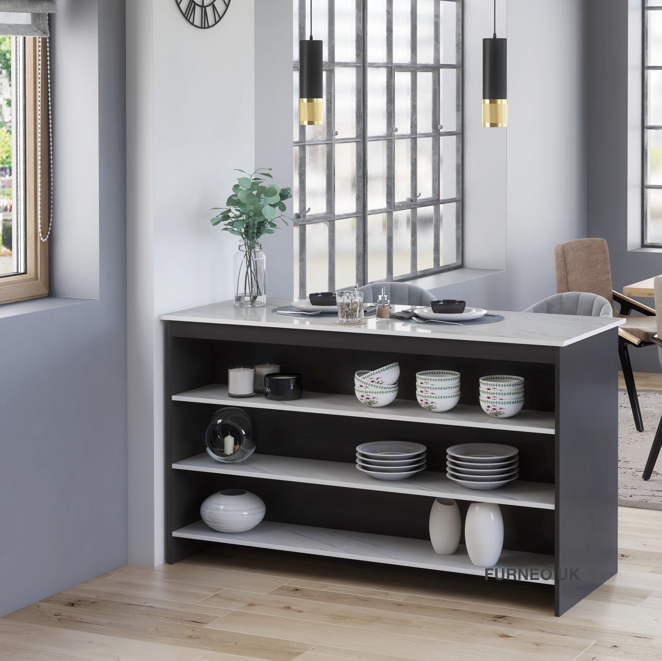 Furneo Kitchen Island Modern Breakfast Bar Shelves Graphite & Marble ...