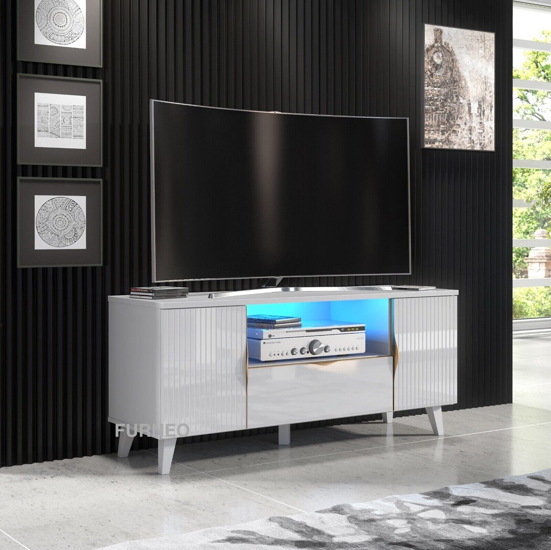 Furneo White TV Stand 120cm Unit Cabinet Matt & High Gloss Azzurro08 ...