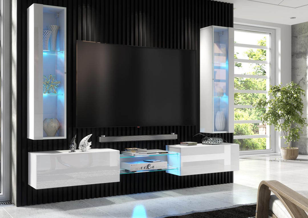 Furneo Floating TV Unit White High Gloss Matt Living Room Set Display ...