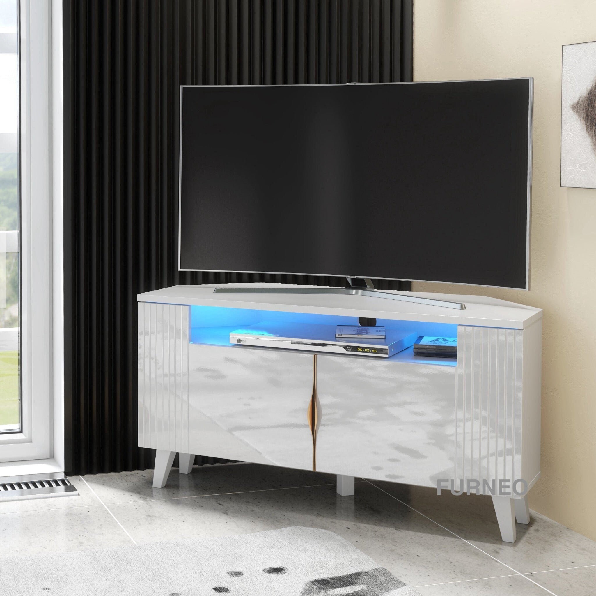 Furneo White Corner TV Stand 100cm Unit Cabinet Matt High Gloss Azzurro 06 Brushed Gold Handles LED Lights Etsy UK