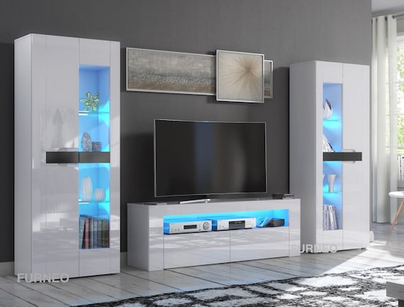 Furneo High Gloss Matt White Living Room Set TV Stand Display Cabinets Milclif 13 LED Lights Etsy