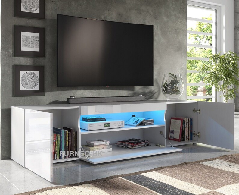 Furneo 200cm Long TV Stand Unit Cabinet Matt & High Gloss White Clifton ...