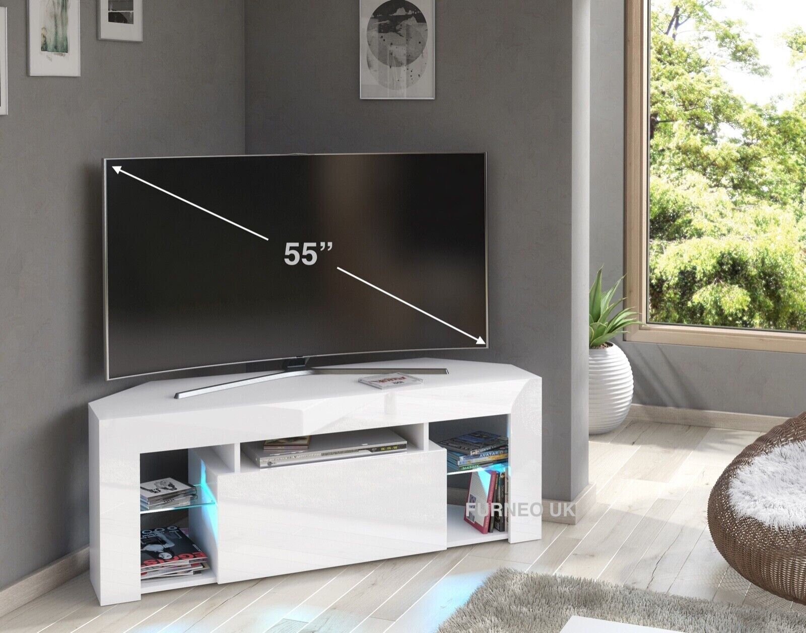 Furneo White Corner TV Stand 125cm Unit Cabinet Matt High Gloss Milano 05 LED Lights Etsy