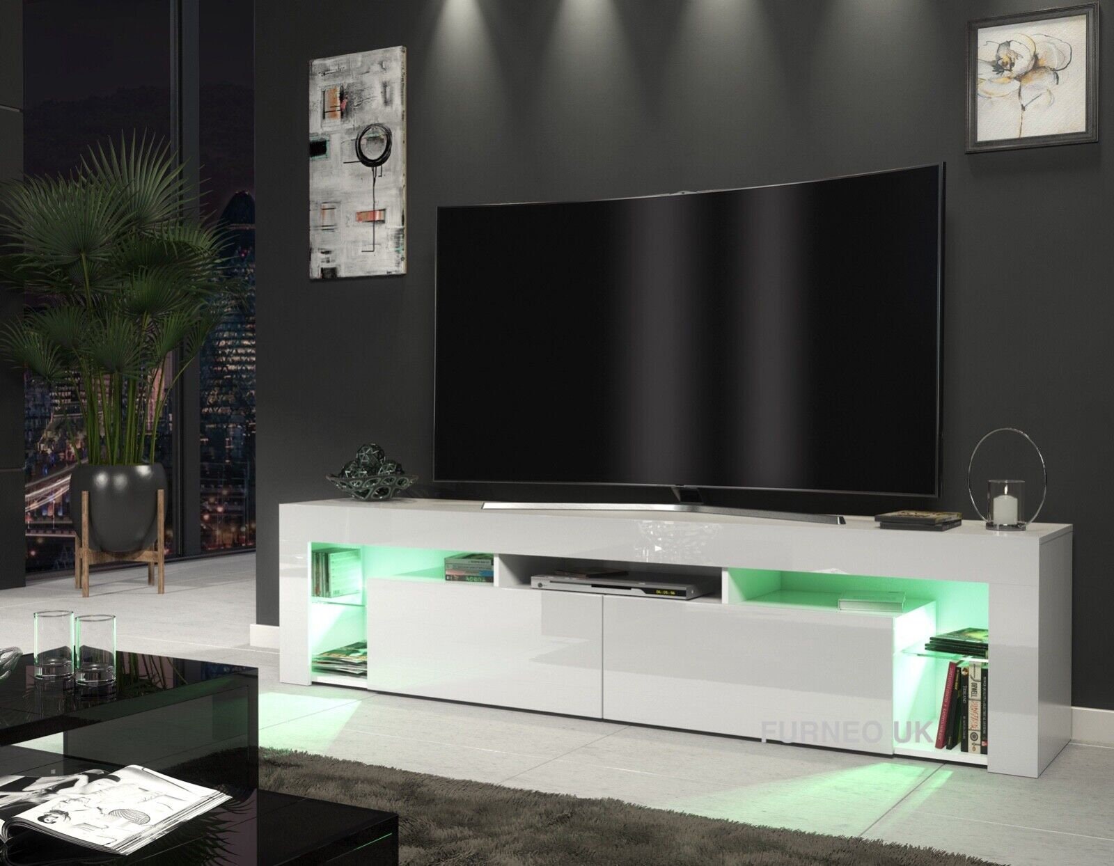 Furneo White TV Stand 200cm Cabinet Unit Matt & High Gloss Milano 06 ...