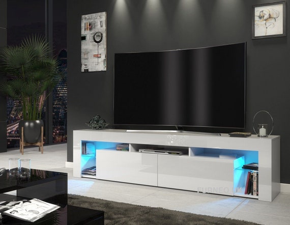 Furneo White TV Stand 200cm Cabinet Unit Matt High Gloss Milano 06 LED Lights Etsy