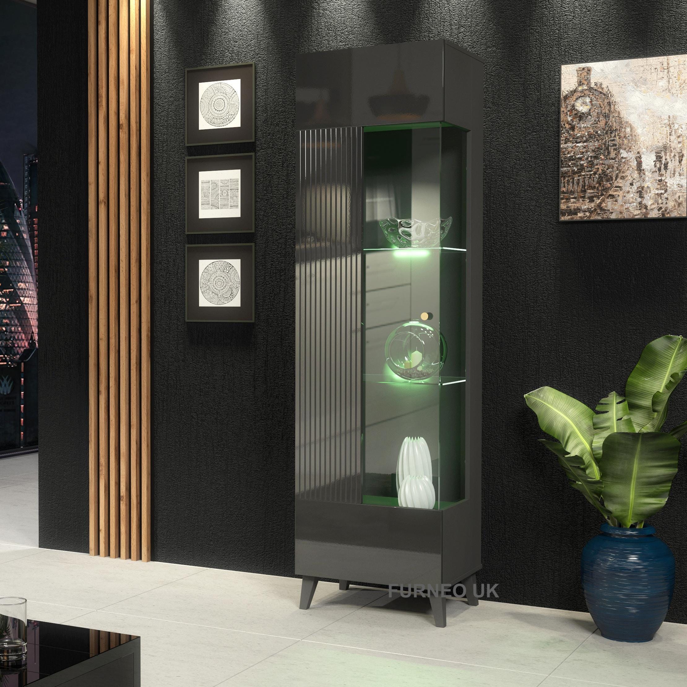 Furneo Grey Display Cabinet Storage Modern Glass Cupboard High Gloss ...