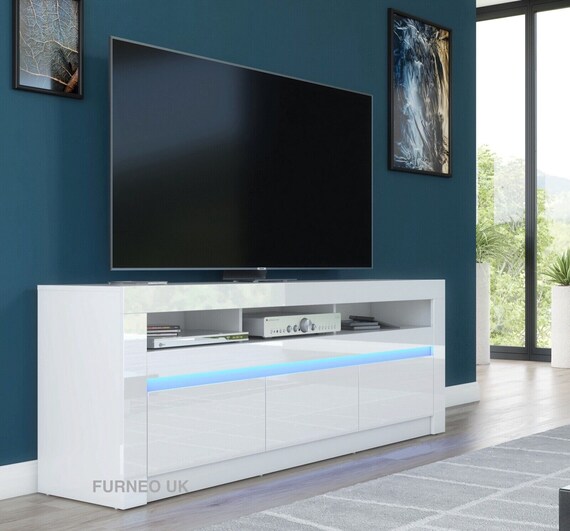 Furneo White TV Stand 157cm Unit Cabinet Matt High Gloss Carino 01 LED Lights Etsy