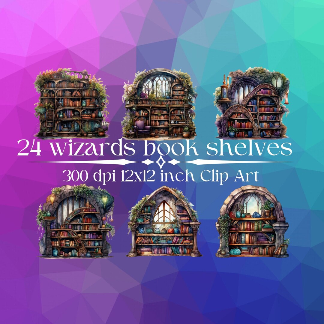 24 Water Colour Wizards Bookshelves clip Art, 300dpi, 12x12 Inches ...