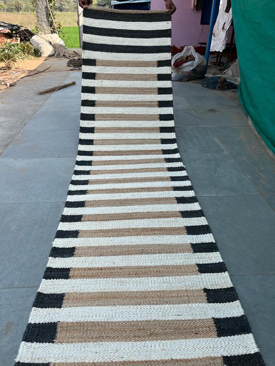 Handwoven 2x22 Ft Jute Runner, White Striped Hemp Stairs Jute Runner ...
