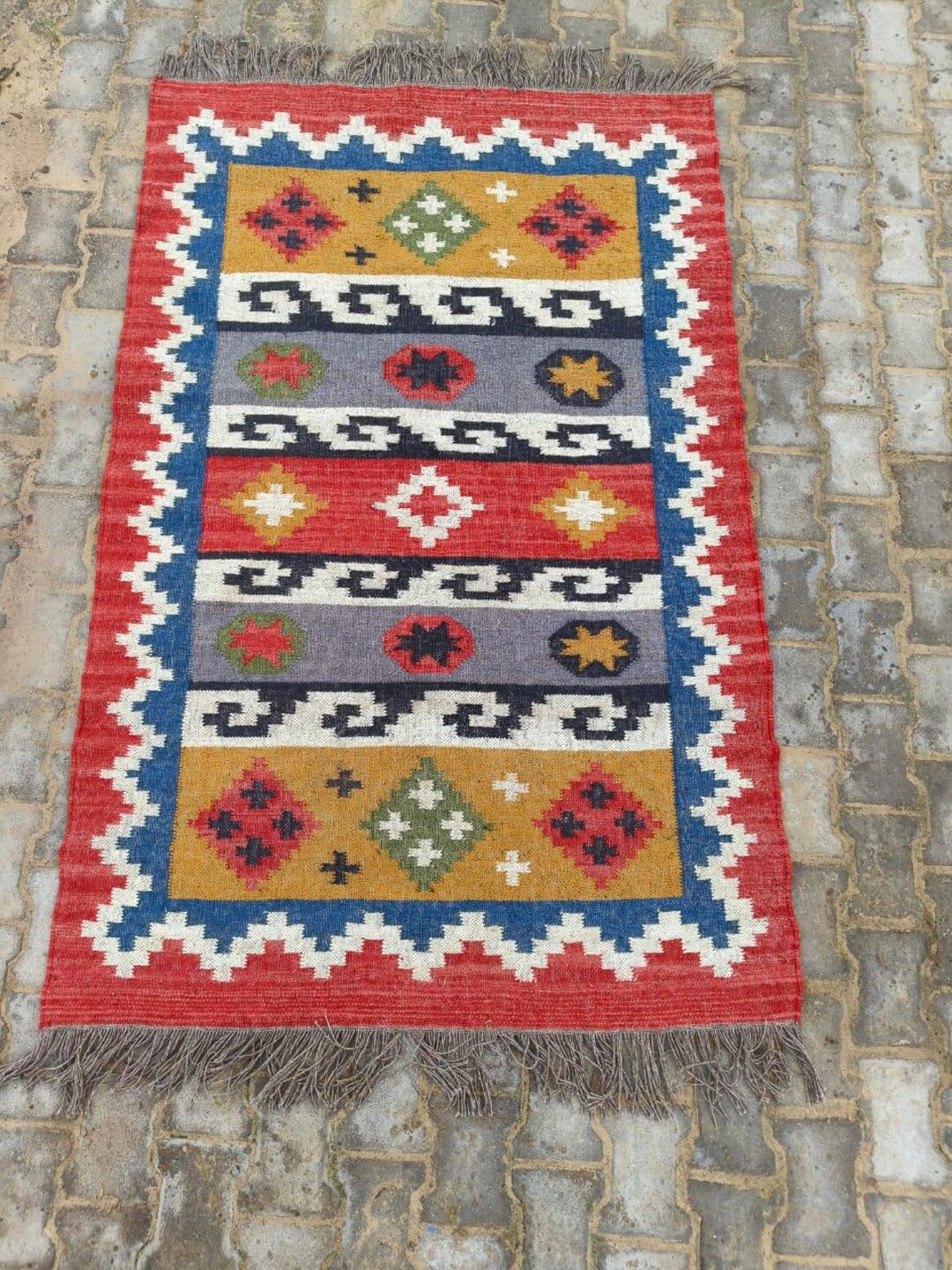 Handwoven Wool Jute Area Rug, Vintage Kilim Motif Pattern, Handmade ...