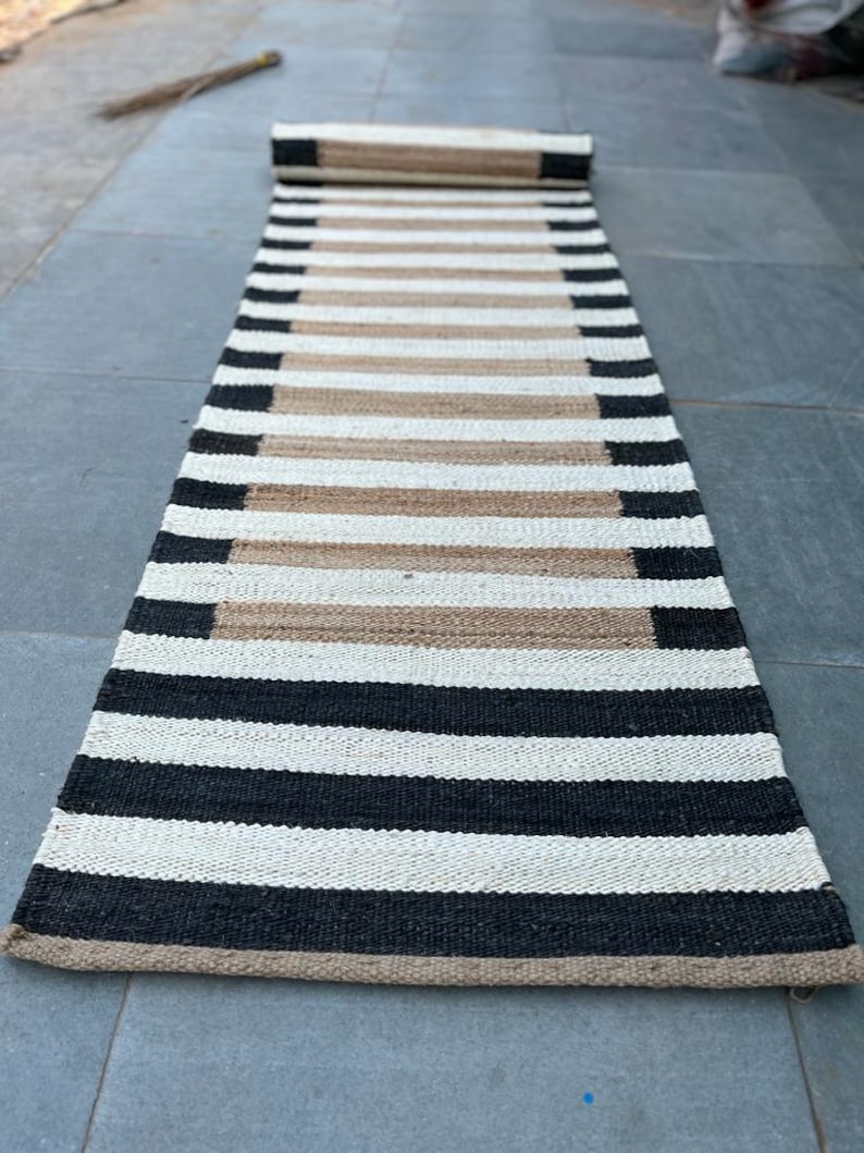 Handwoven 2x22 Ft Jute Runner, White Striped Hemp Stairs Jute Runner ...