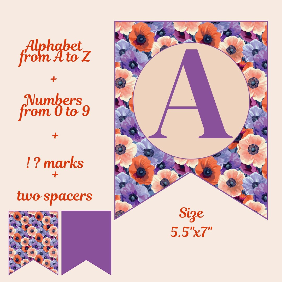 Red and Purple Poppy Flags, ABC Printable Banners, Birthday, Poppies ...