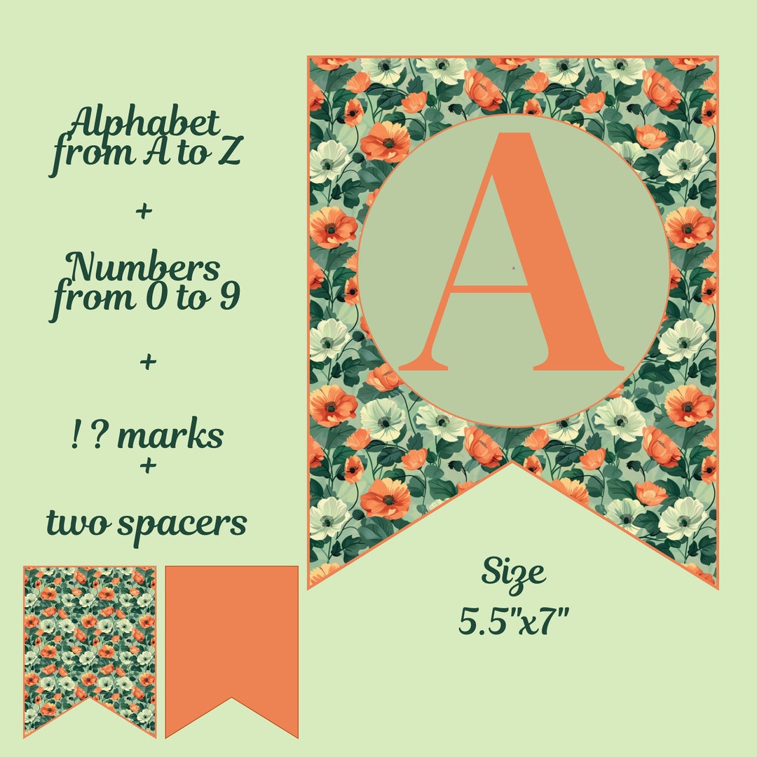 Coral and Green Poppy Flags, ABC Printable Banners, Birthday, Poppies ...