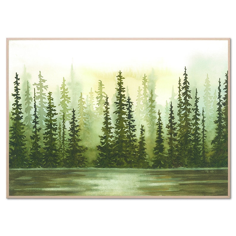 Forest Lake Art Pine Trees Watercolor Painting Sunset Forest Art Sage ...