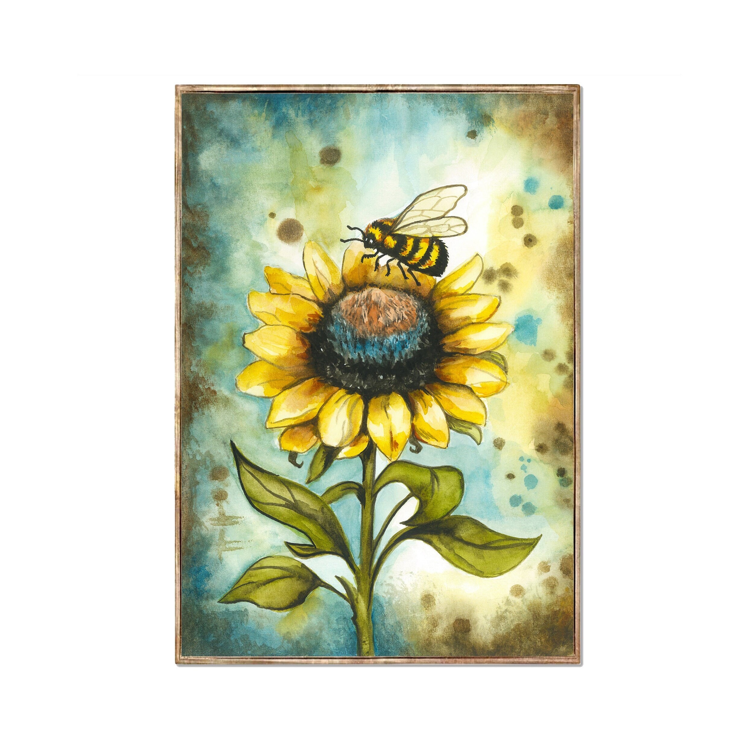 Sunflowers Painting Botanical Wall Art Wildflowers Poster Bee and ...