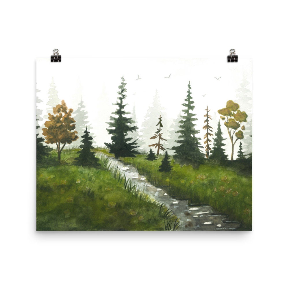 Forest River Art Print Evergreen Trees Watercolor Painting Vermont ...