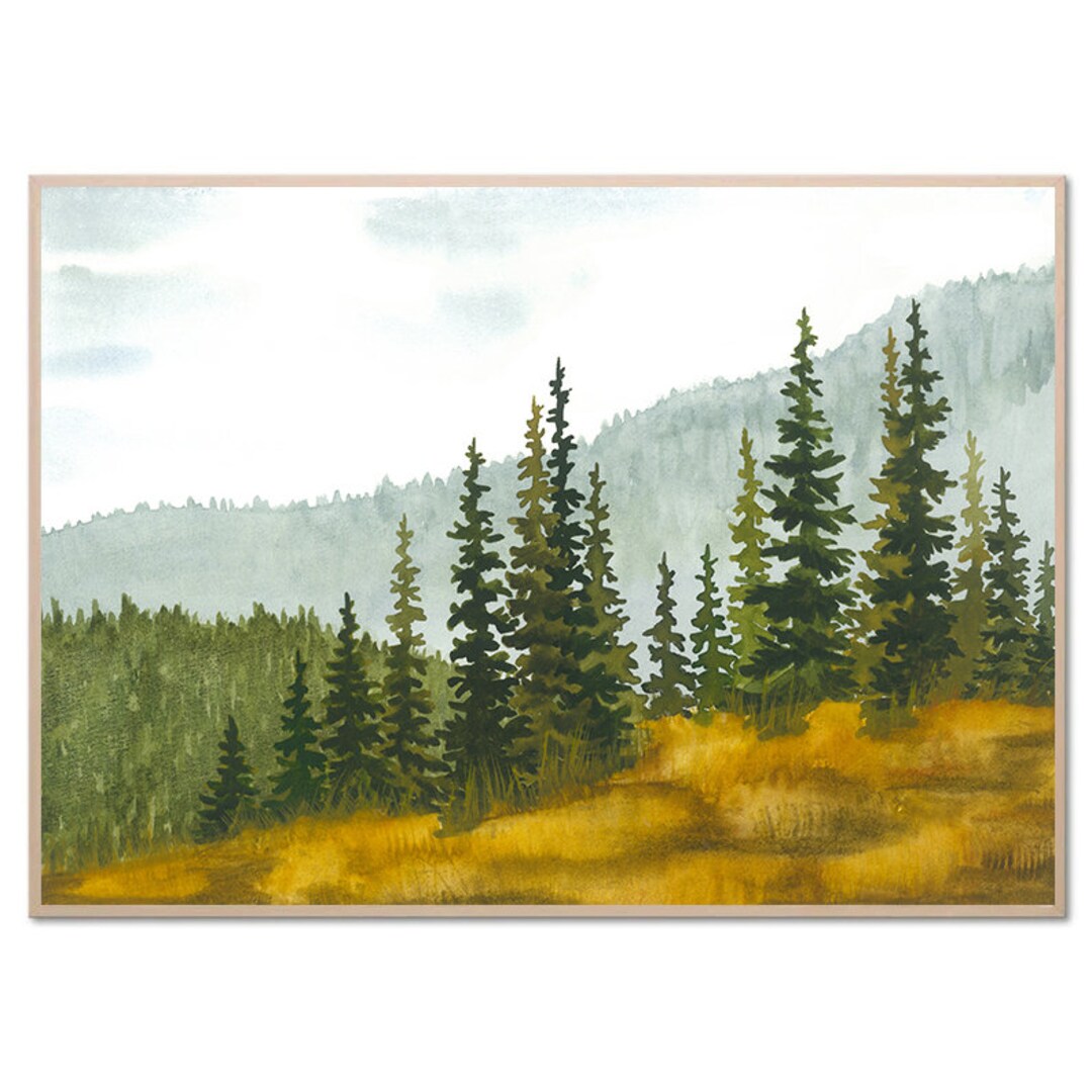Pine Forest Watercolor Painting, Fall Mountain Landscape Art Print - Etsy