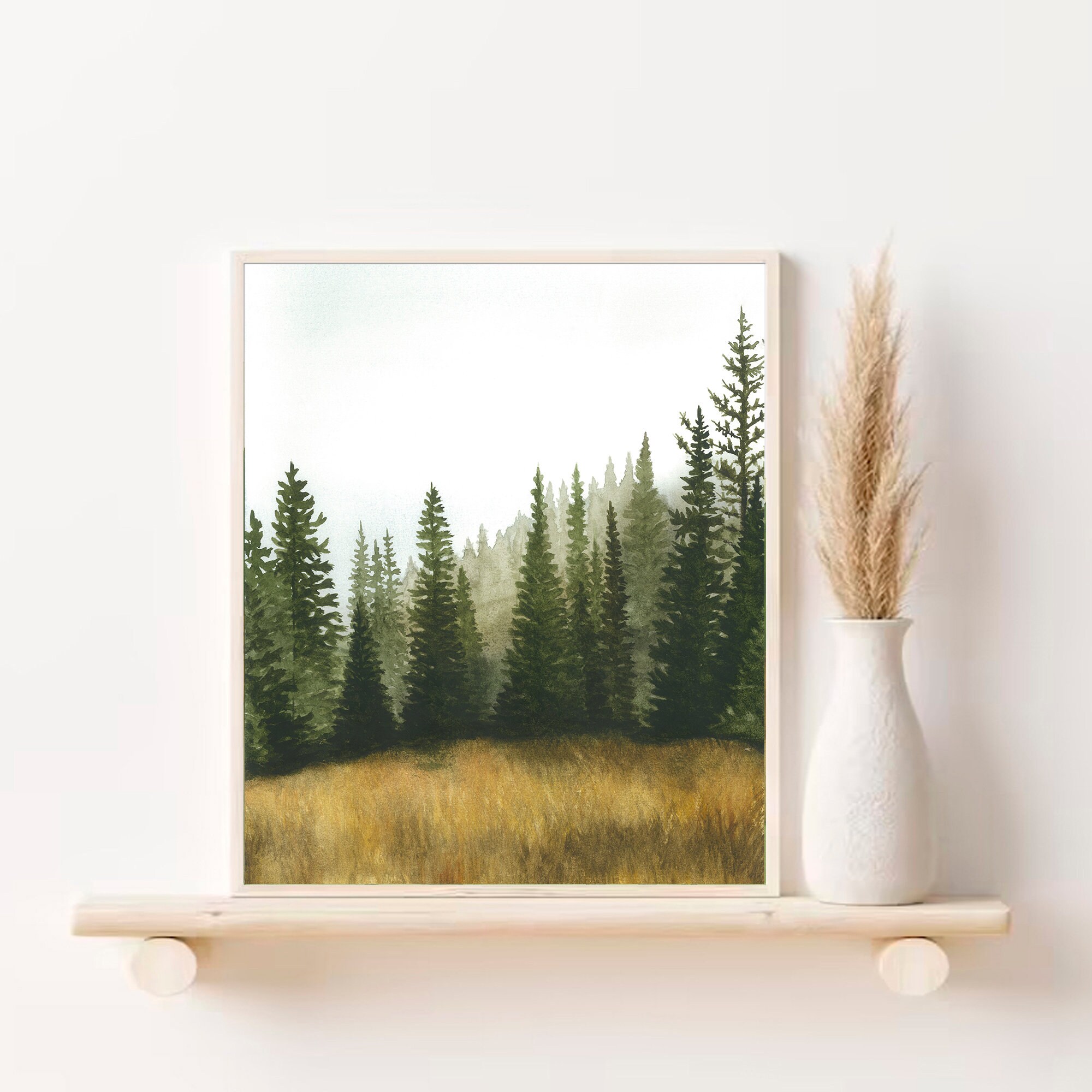 Pine Forest Art Evergreen Trees Poster Fall Landscape Art Misty Forest Painting Minimalist ...