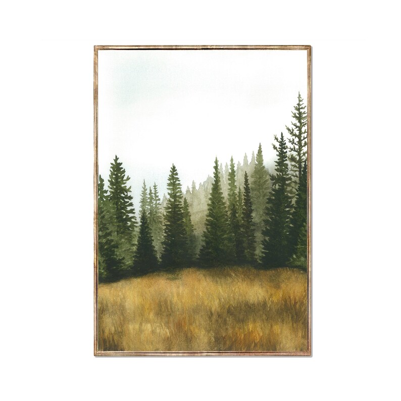 Pine Forest Watercolor Art Print, Misty Evergreen Landscape - Etsy