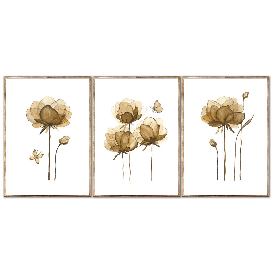 Poppy Watercolor Print Set, Sepia Flowers and Butterfly Wall Art - Etsy