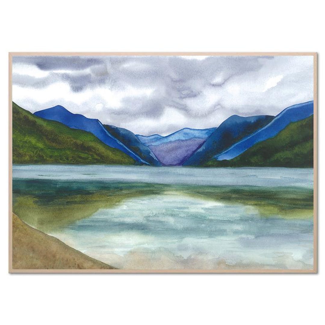 Mountain Lake Art Blue Green Wall Decor Panoramic Landscape Art Print ...