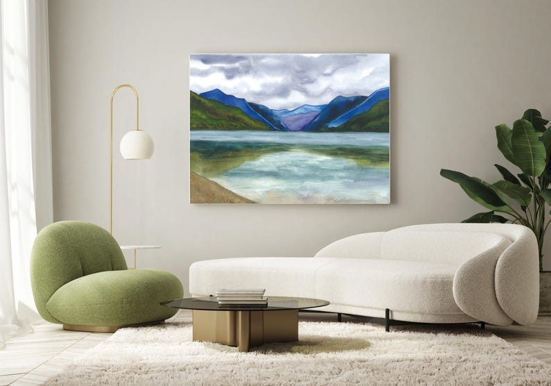 Mountain Lake Art Blue Green Wall Decor Panoramic Landscape Art Print ...