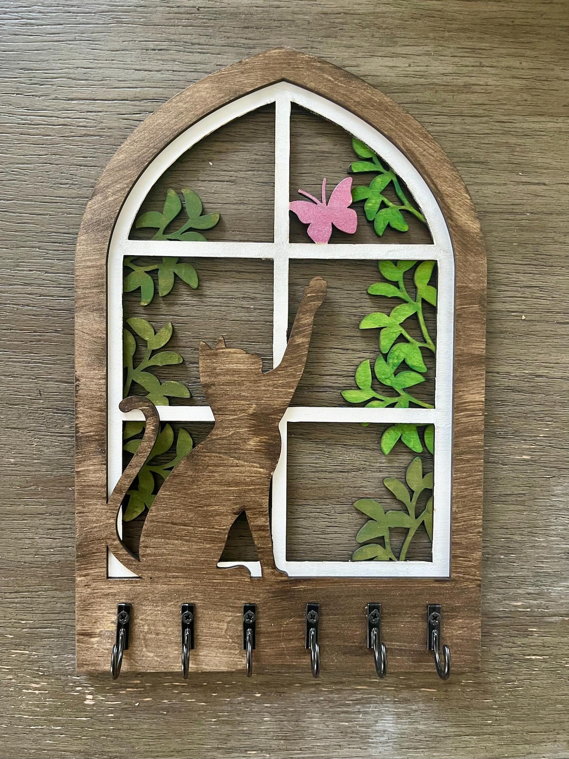 Charming Cat Wooden Key Holder With Butterfly and Window Design - Etsy