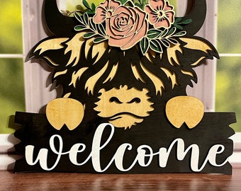 Welcome Highland Cow Door Hanger/cow Front Door Decor/entry Door ...