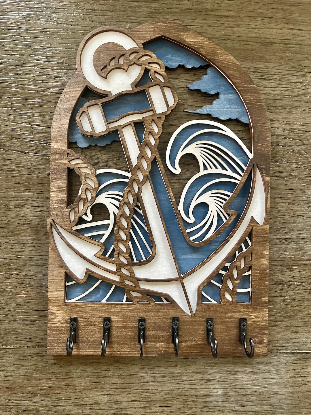 Nautical Wooden Anchor Key Holder With Wave Design - Etsy