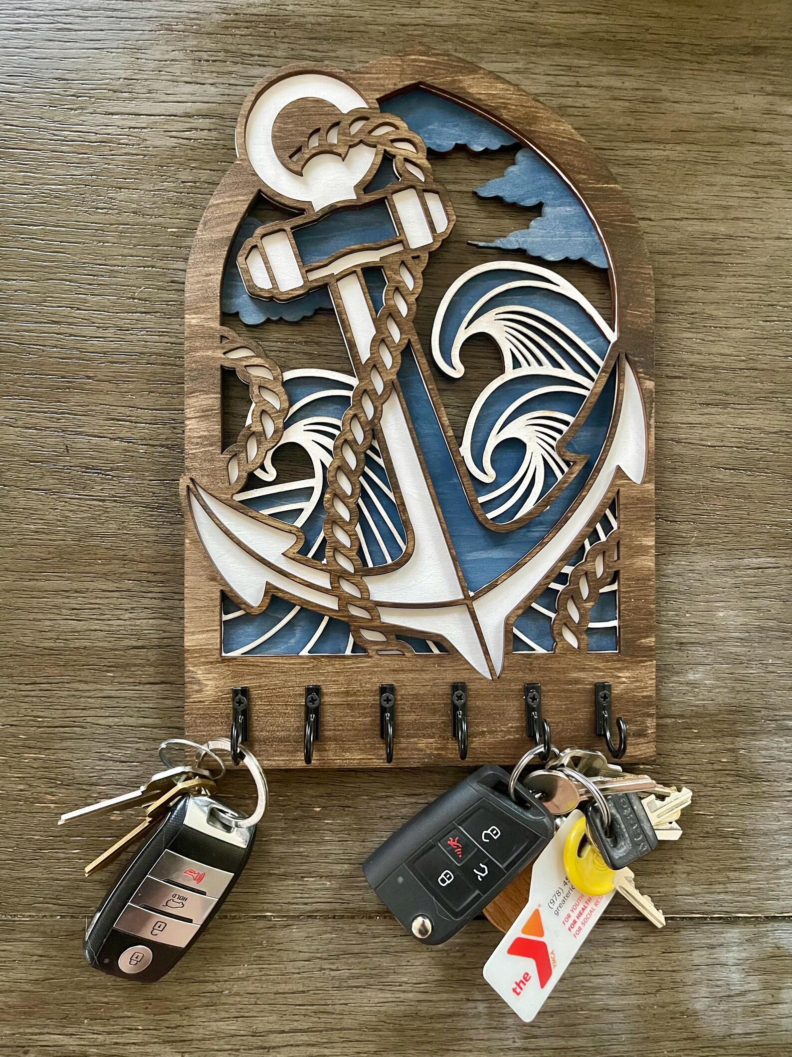 Nautical Wooden Anchor Key Holder With Wave Design - Etsy
