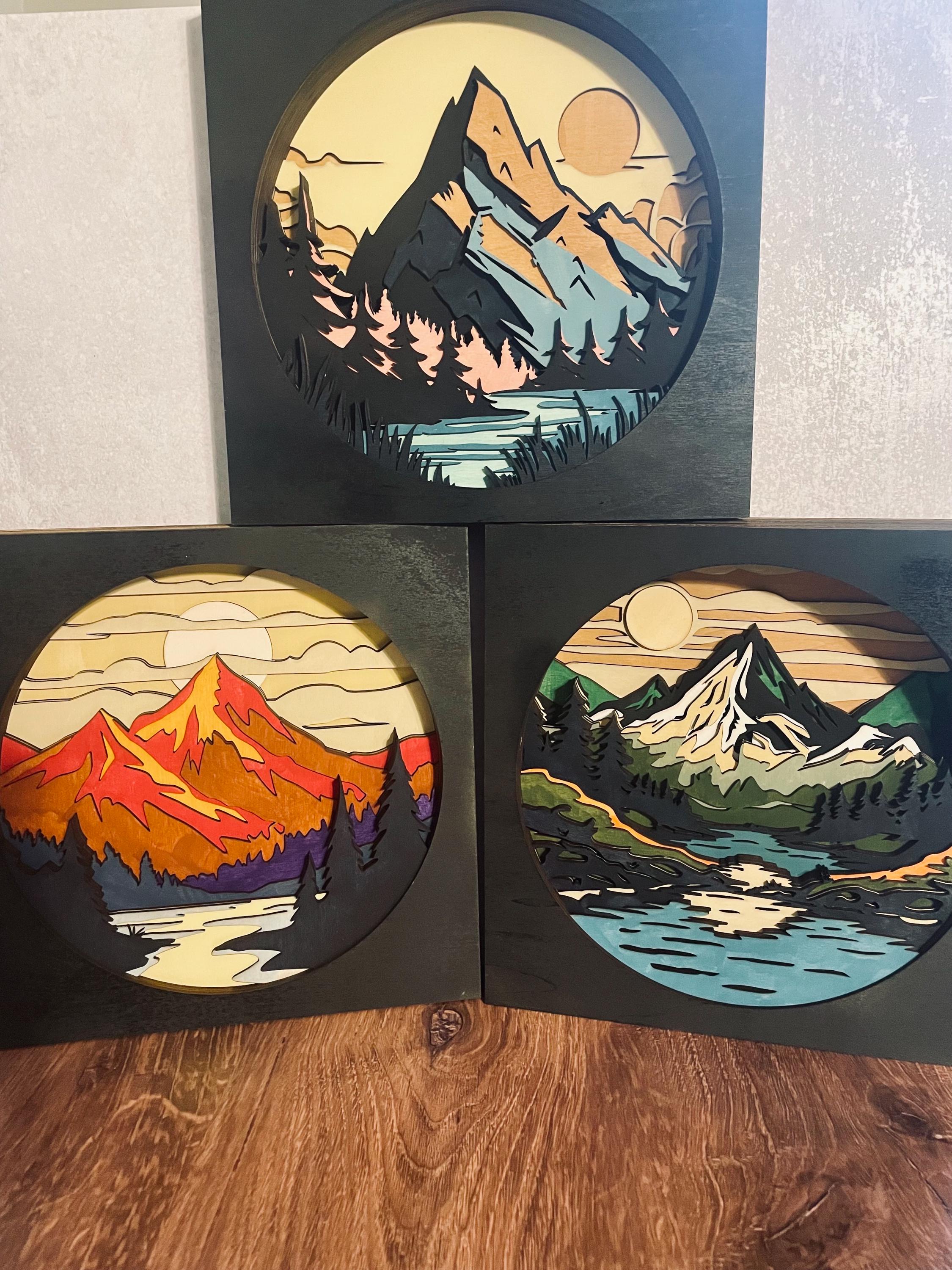 Mountain Sunset Trio - Layered Wooden Landscape Wall Art - Etsy