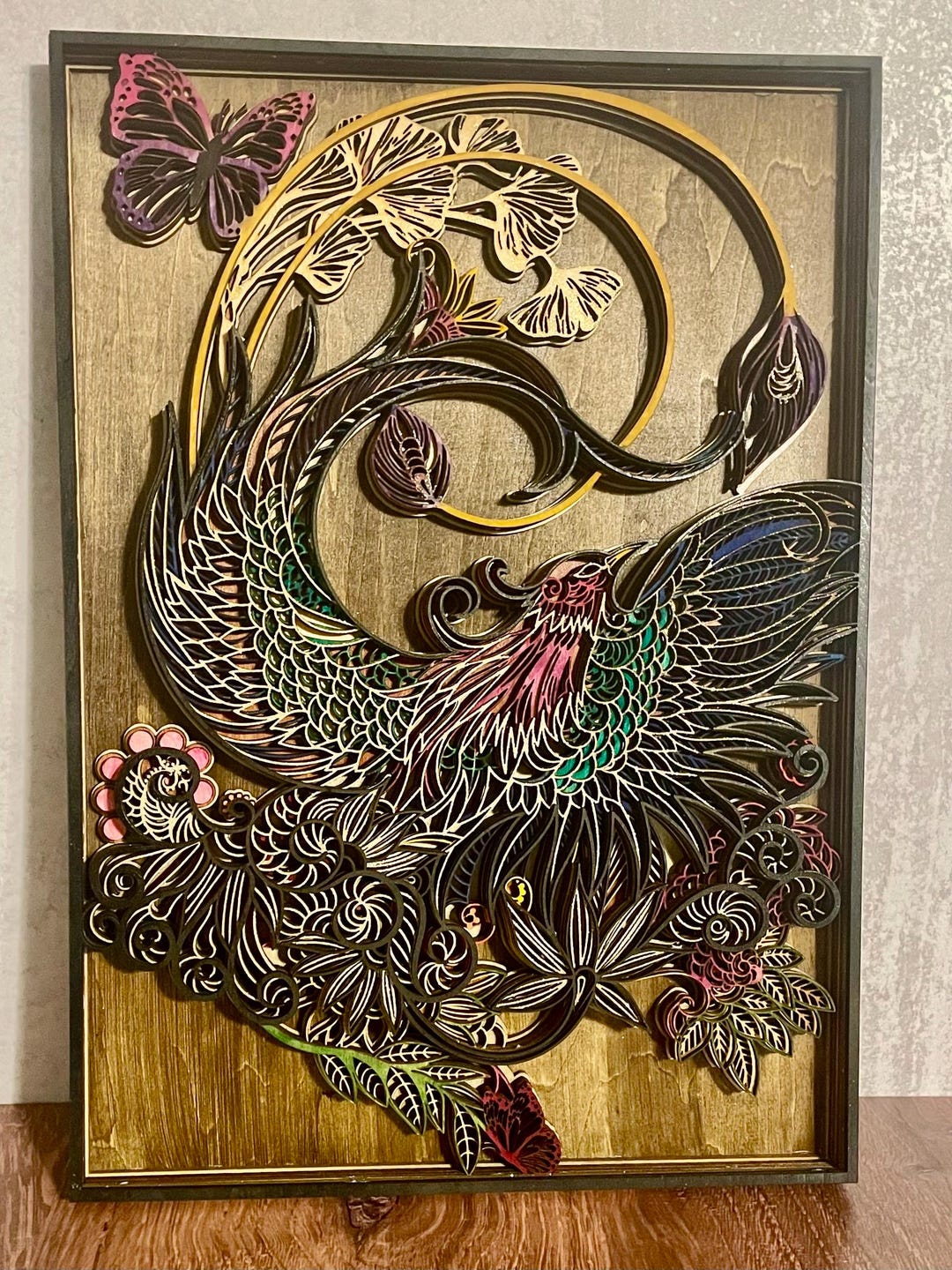 Phoenix and Butterfly Wooden Wall Art - Intricate Nature-inspired ...